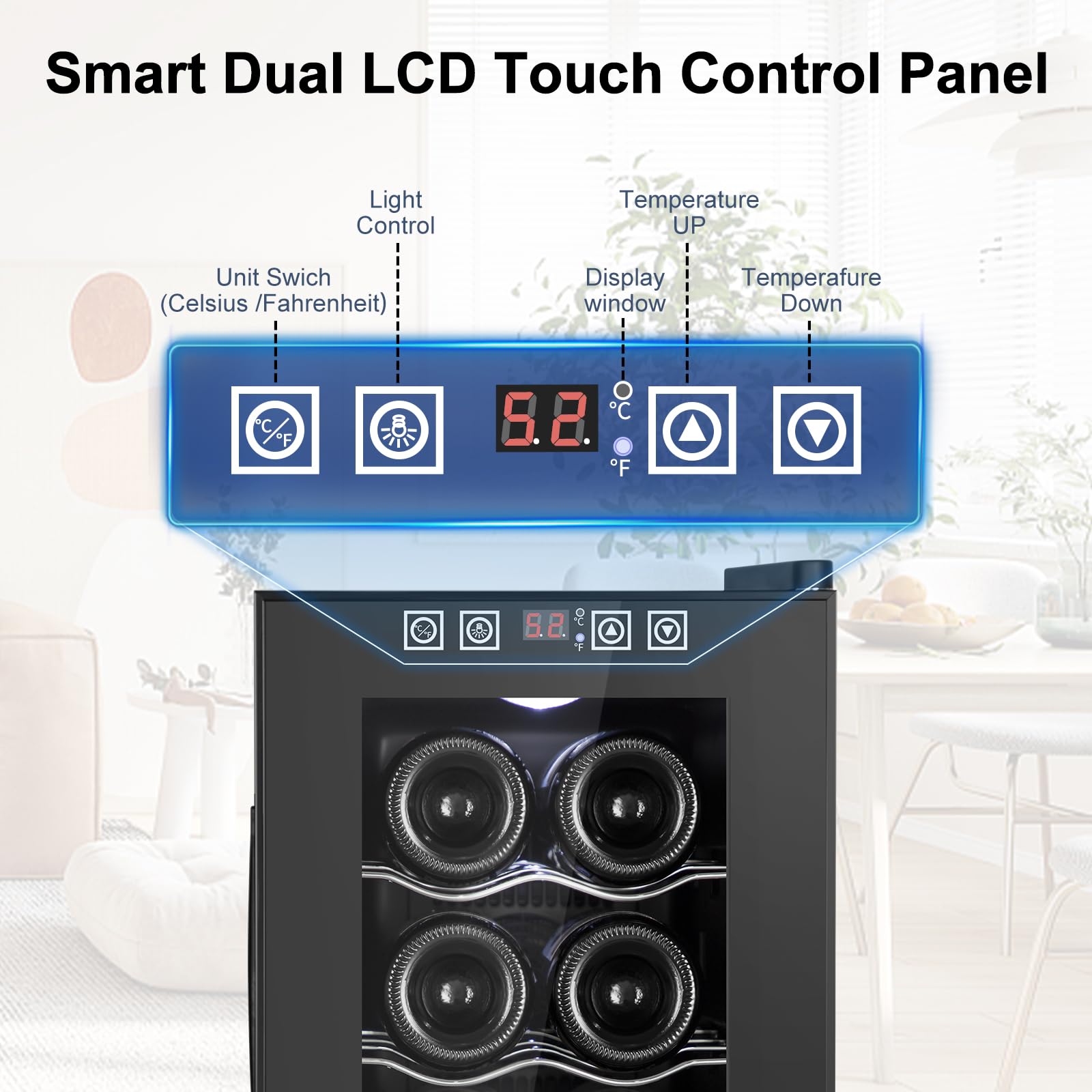 8 Bottle Small Wine Fridge, Mini Wine Cooler with Removable Shelves Interior Light Digital Touch Control, Double-Layer Tempered Glass Door Wine Cooler Refrigerator
