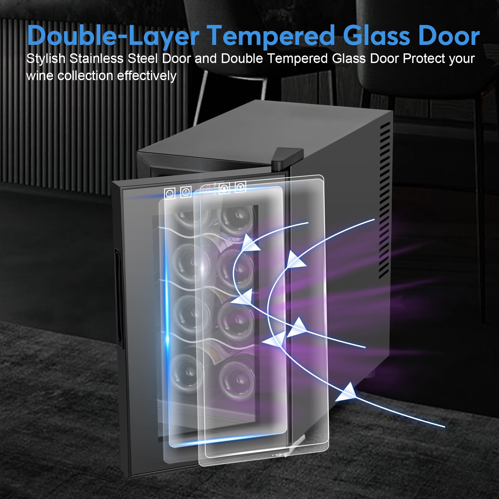 8 Bottle Small Wine Fridge, Mini Wine Cooler with Removable Shelves Interior Light Digital Touch Control, Double-Layer Tempered Glass Door Wine Cooler Refrigerator