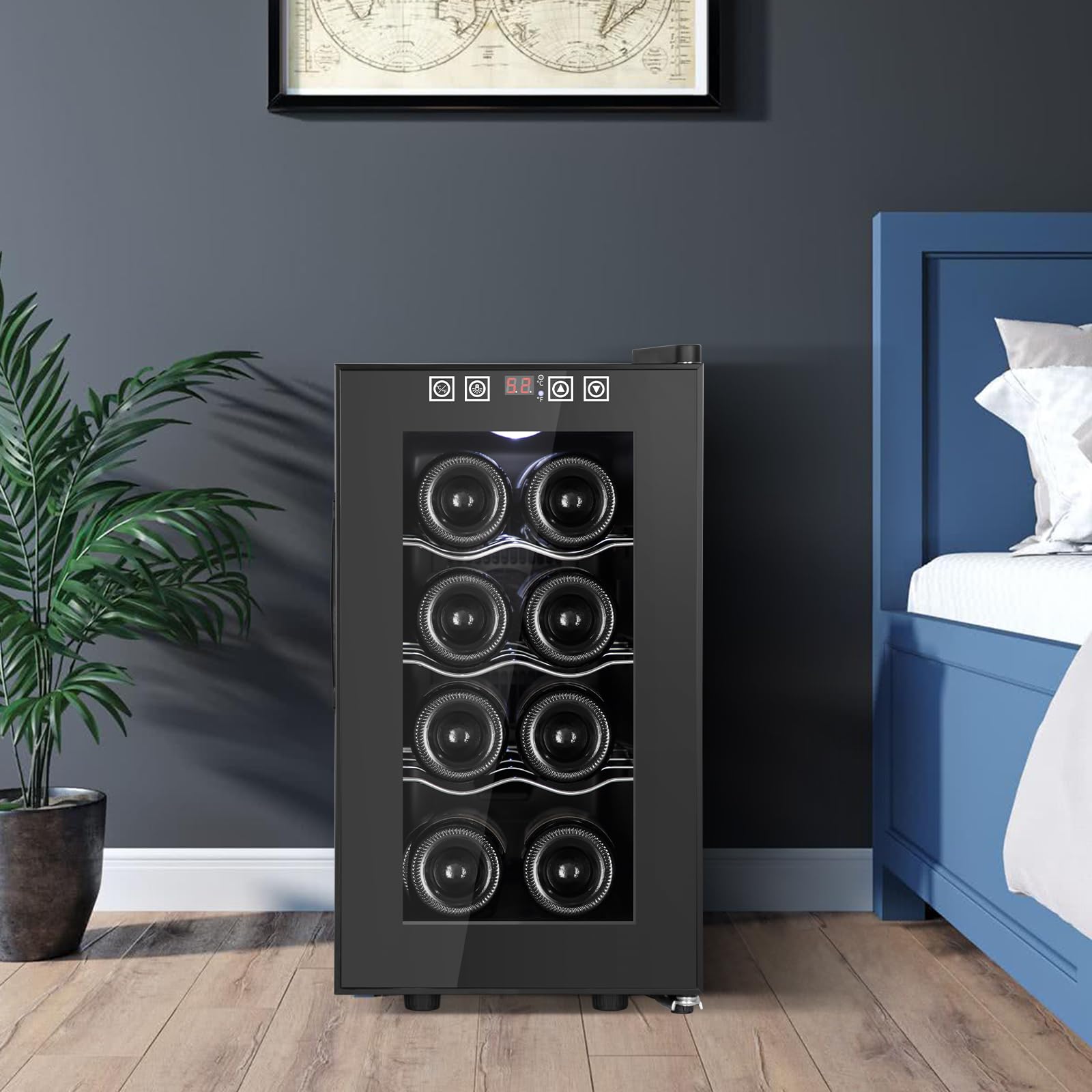 8 Bottle Small Wine Fridge, Mini Wine Cooler with Removable Shelves Interior Light Digital Touch Control, Double-Layer Tempered Glass Door Wine Cooler Refrigerator