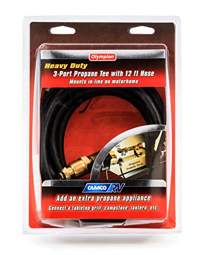 Camco 59103 Propane Brass Tee with 3 Port and 12' Hose,black and gold