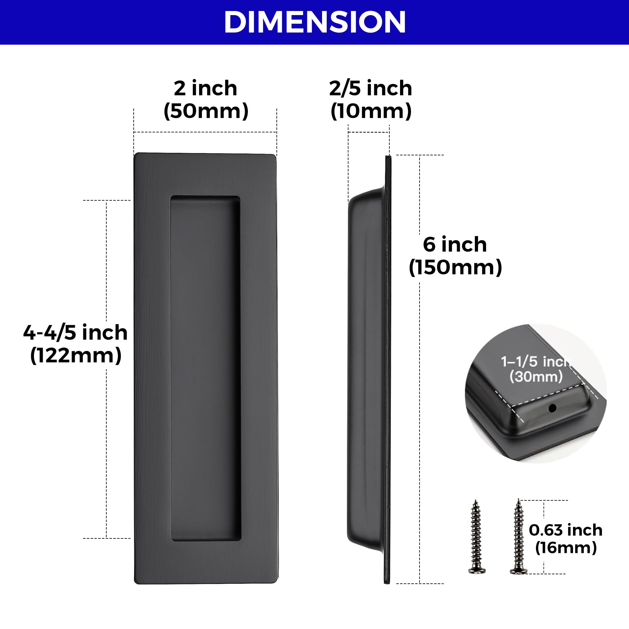 JOY DECOR 2 Pack Pocket Door Handles Sliding Closet Door Pulls, 5.9" Flush Barn Door Pulls Black Closet Finger Pulls, Rectangular Recessed Closet Door Handles