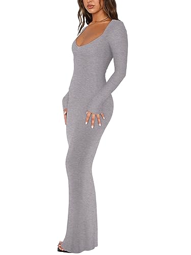 REORIA Women's Sexy Casual V Neck Long Sleeve Lounge Long Dress Elegant Fall Wedding Guest Tight Ribbed Bodycon Maxi Dresses Light Grey Small