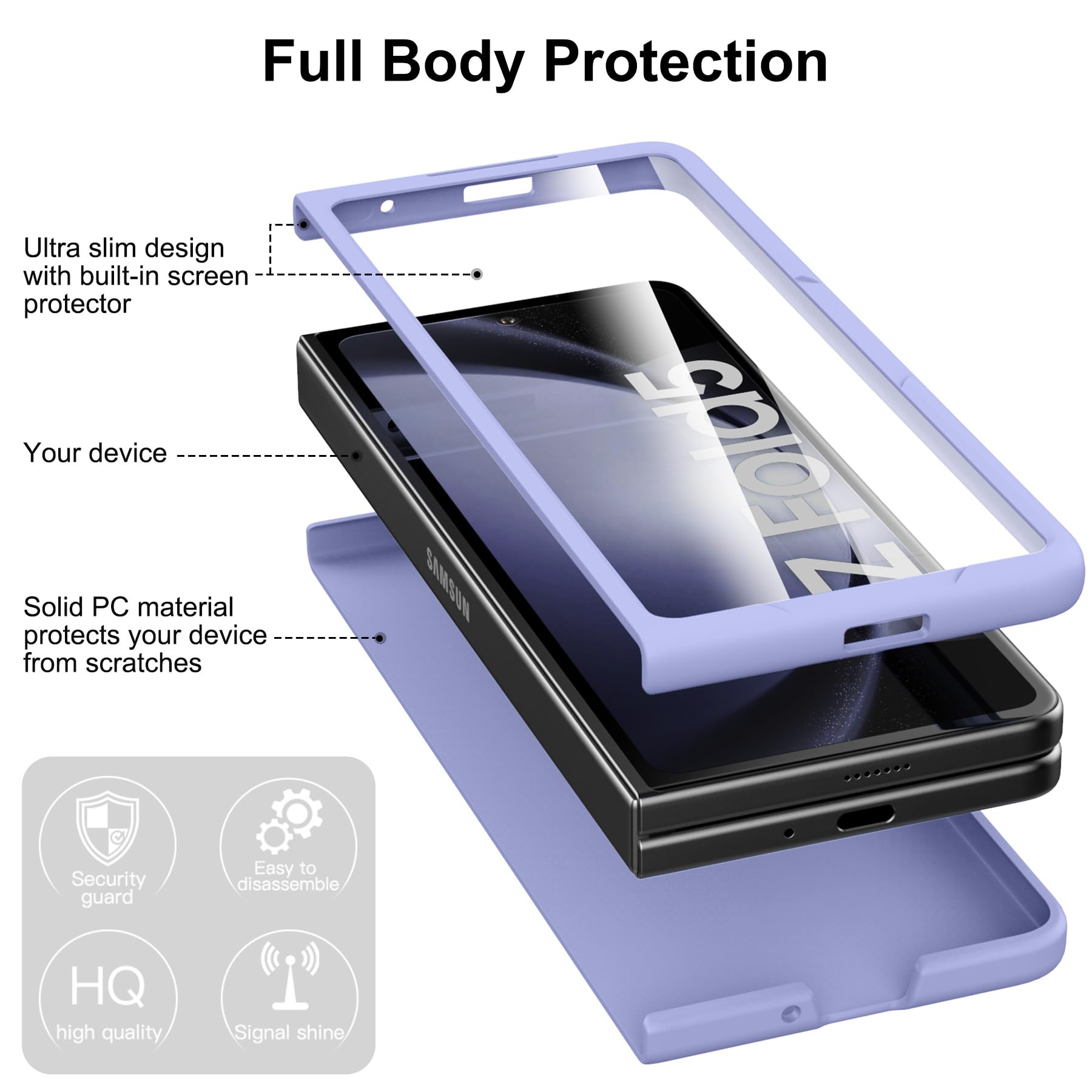Foluu Slim Fit Case for Samsung Galaxy Z Fold 5 Case, with Front Built-in Screen Protector, Ultra Thin Matte PC Protective Cover for Samsung Galaxy Z Fold5 5G 2023 (Purple)