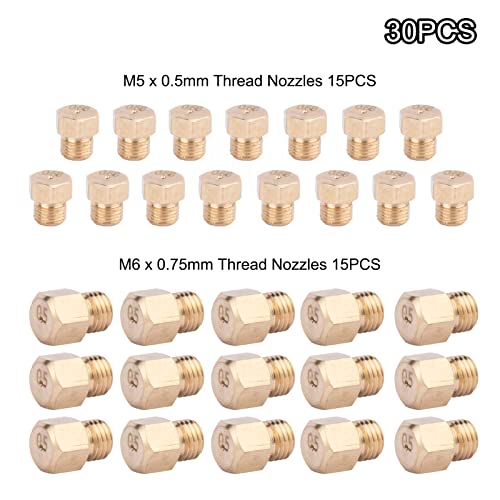 Brass Jet Nozzles 30 Packs - DIY Burner Parts with M6 x 0.75mm and M5 x 0.5mm Thread, 0.5mm and 0.68mm Nozzle Hole, Range, Stove, Oven Conversion Kit for Propane LPG Natural Gas Pipe Water HeaterĀ