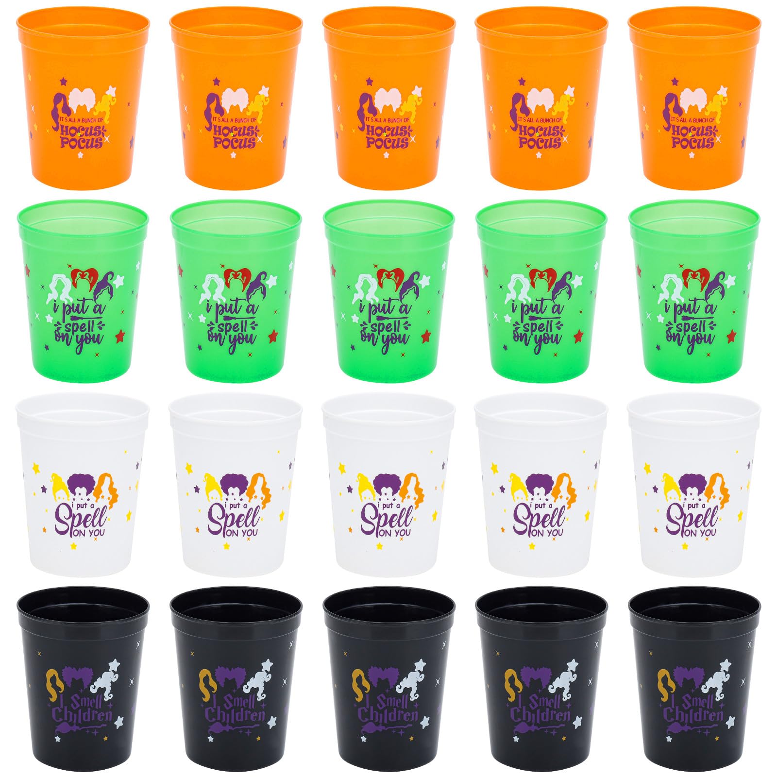 Ainibar Halloween Party Cups - Set of 20 Orange,White,Black and Green 16oz Stadium Cups,Perfect for Hocus Pocus Halloween Party Supplies, I Smell Children Holiday Witches Halloween Party