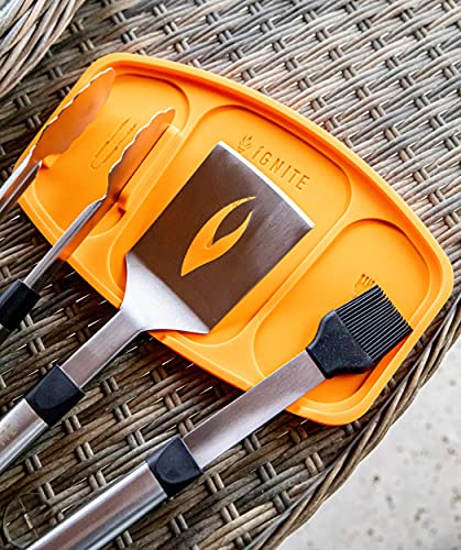 Ignite Silicone Grilling Trivet is a 100% Nonslip Silicone Tool That Holds Tongs, Spatula & BASTING Brush preventing Them from Contamination on The grill's Surface and Also Keeps Your Grill Clean.