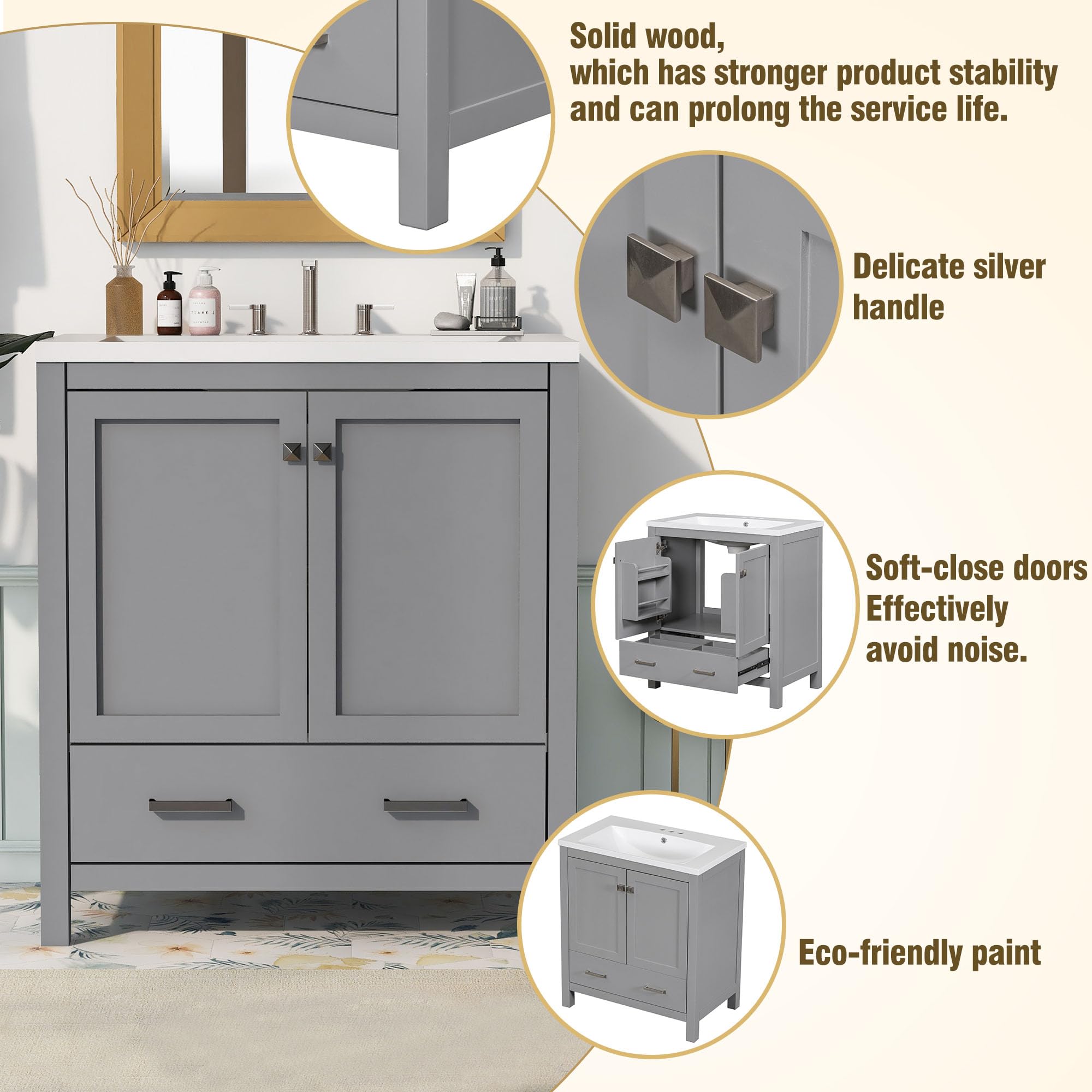 Merax 30" Bathroom Vanity with Single Sink, Combo Cabinet Undermount Sink, Bathroom Storage Cabinet with 2 Doors and a Drawer, Soft Closing, Multifunctional Storage, Solid Wood Frame, Gray