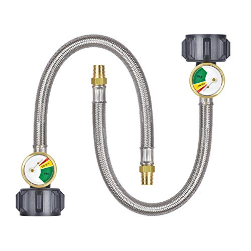 Generep RV PropaneTank Hose with Gauge, 2PCS 15 Inch Upgraded 1/4inch NPT RV Propane Pigtail Hose,Durable Stainless Braided, 2-Pack
