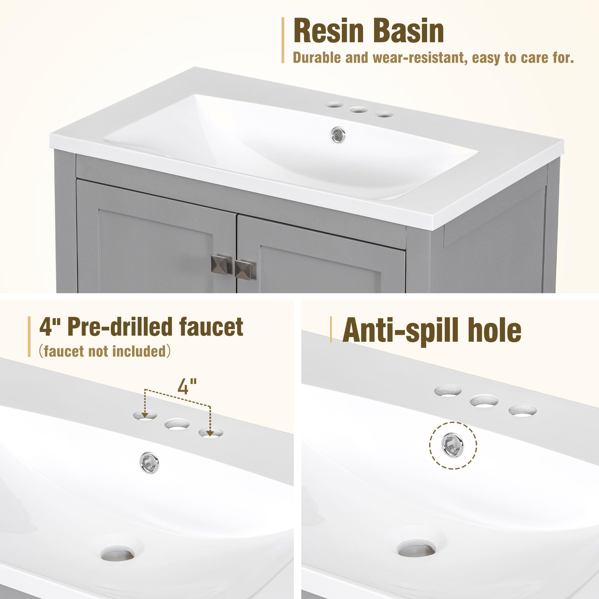 Merax 30" Bathroom Vanity with Single Sink, Combo Cabinet Undermount Sink, Bathroom Storage Cabinet with 2 Doors and a Drawer, Soft Closing, Multifunctional Storage, Solid Wood Frame, Gray