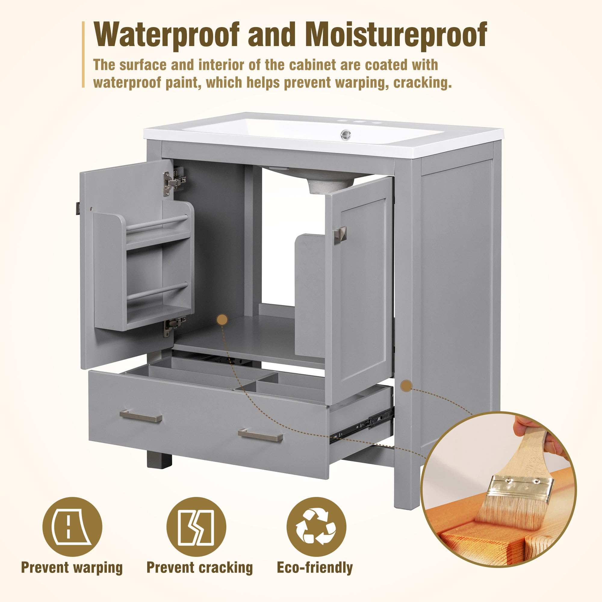 Merax 30" Bathroom Vanity with Single Sink, Combo Cabinet Undermount Sink, Bathroom Storage Cabinet with 2 Doors and a Drawer, Soft Closing, Multifunctional Storage, Solid Wood Frame, Gray