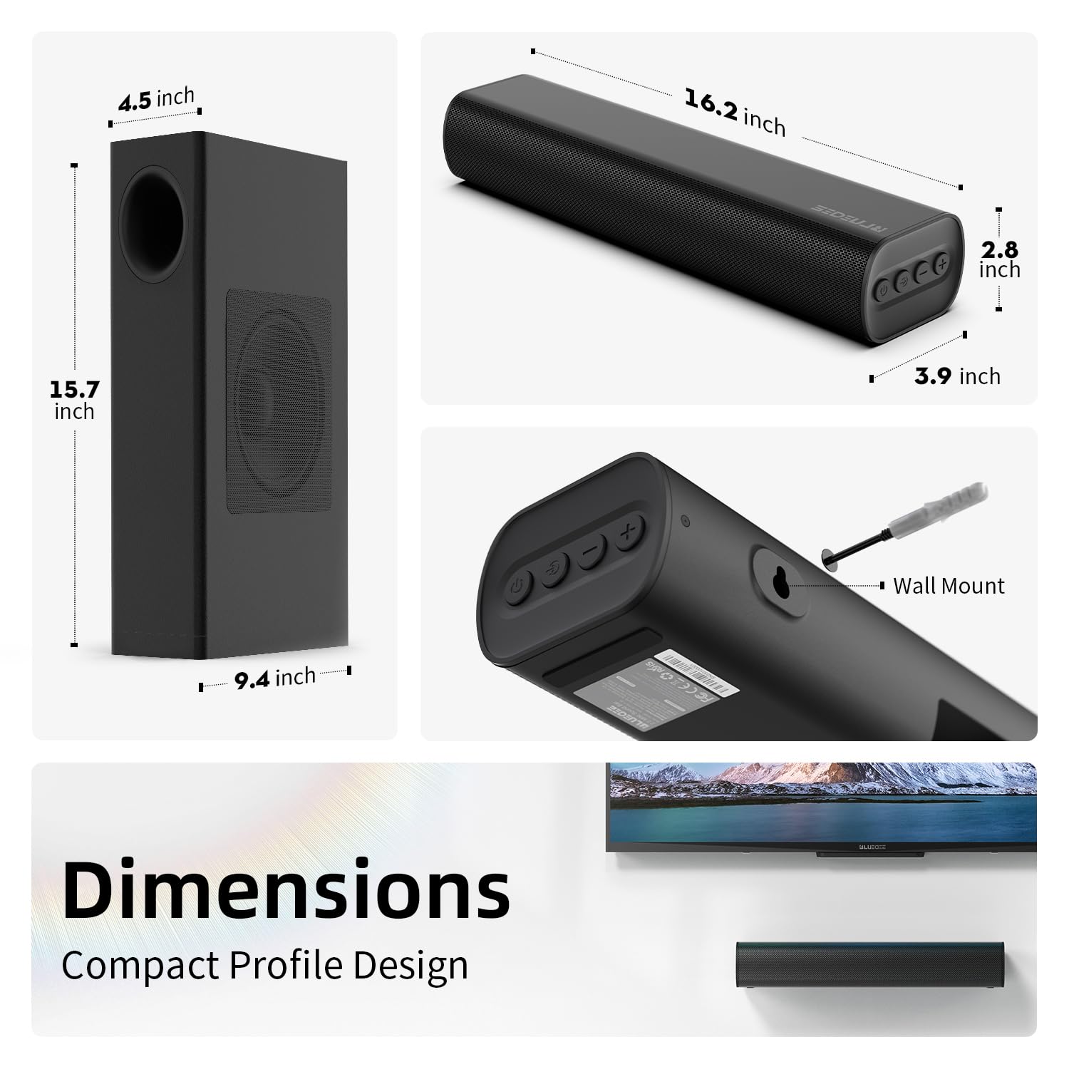 Sound Bars for TV with 100 watts Subwoofer, 16-inch Mountable Sound Bar, 2.1ch Surround Sound System for TV, Bluetooth Soundbar for TV Work with Traditional or Smart TV, Computer