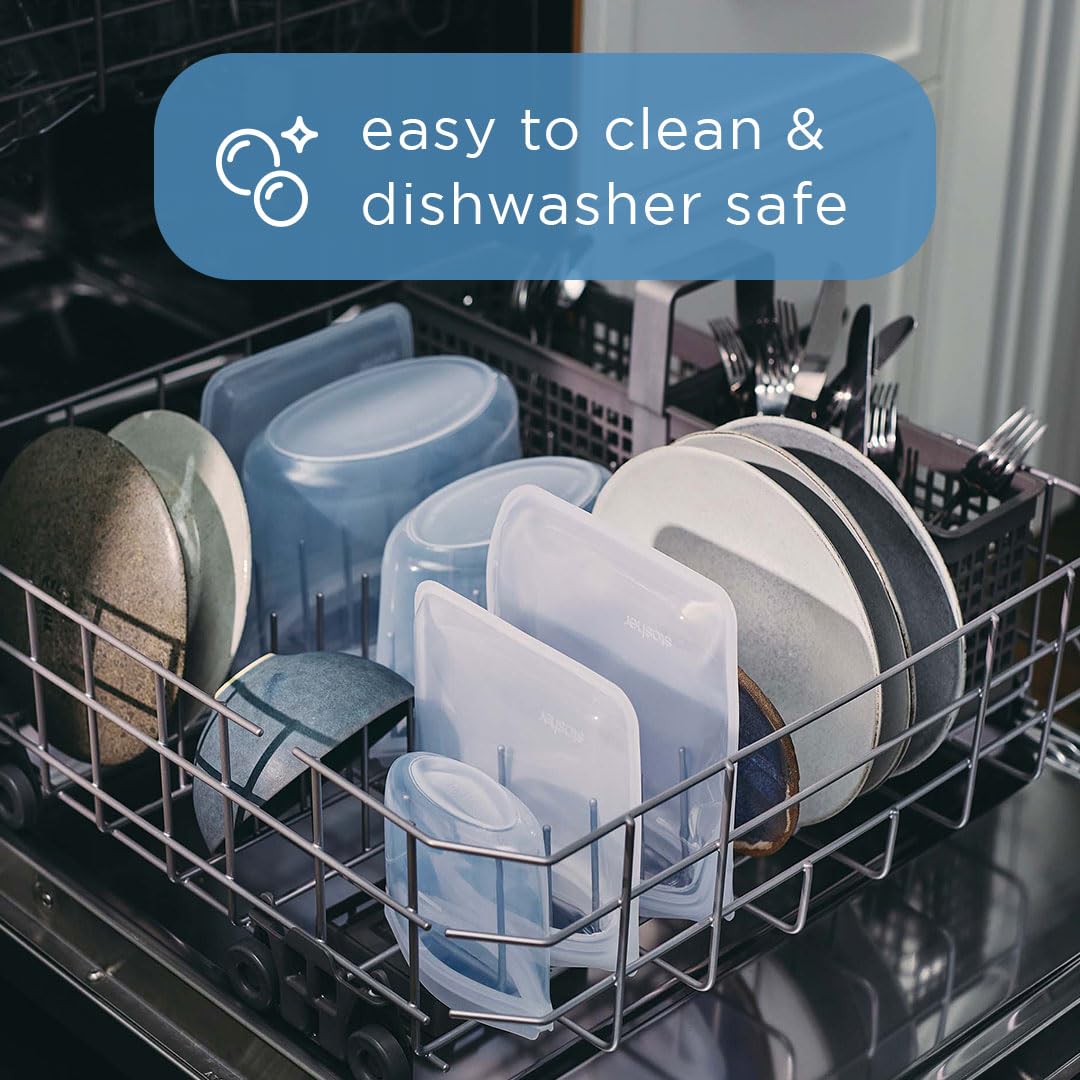 Stasher Reusable Silicone Storage Bags, Food Storage Containers, Microwave and Dishwasher Safe, Leak-free, Stand Up - Mid (Clear) and Mega (Aqua)