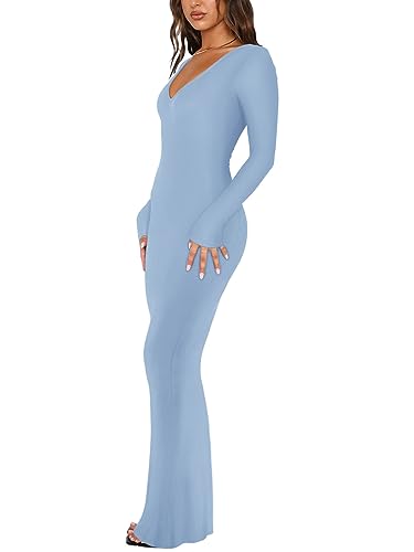 REORIA Women's Sexy Soft Lounge Ribbed Long Dress Fall Elegant Formal Wedding Guest Long Sleeve Deep V Neck Bodycon Maxi Dresses Blue Medium