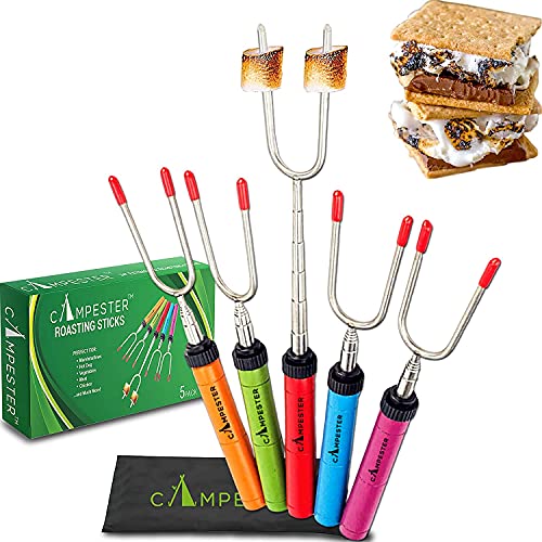 Campester Marshmallow Roasting Sticks with Wooden Handles, Set of 5 Telescopic Smores Skewers for fire Pit, Camping and Grilling, 34 inch extendable Stainless Steel Forks for Hot Dogs and Meat