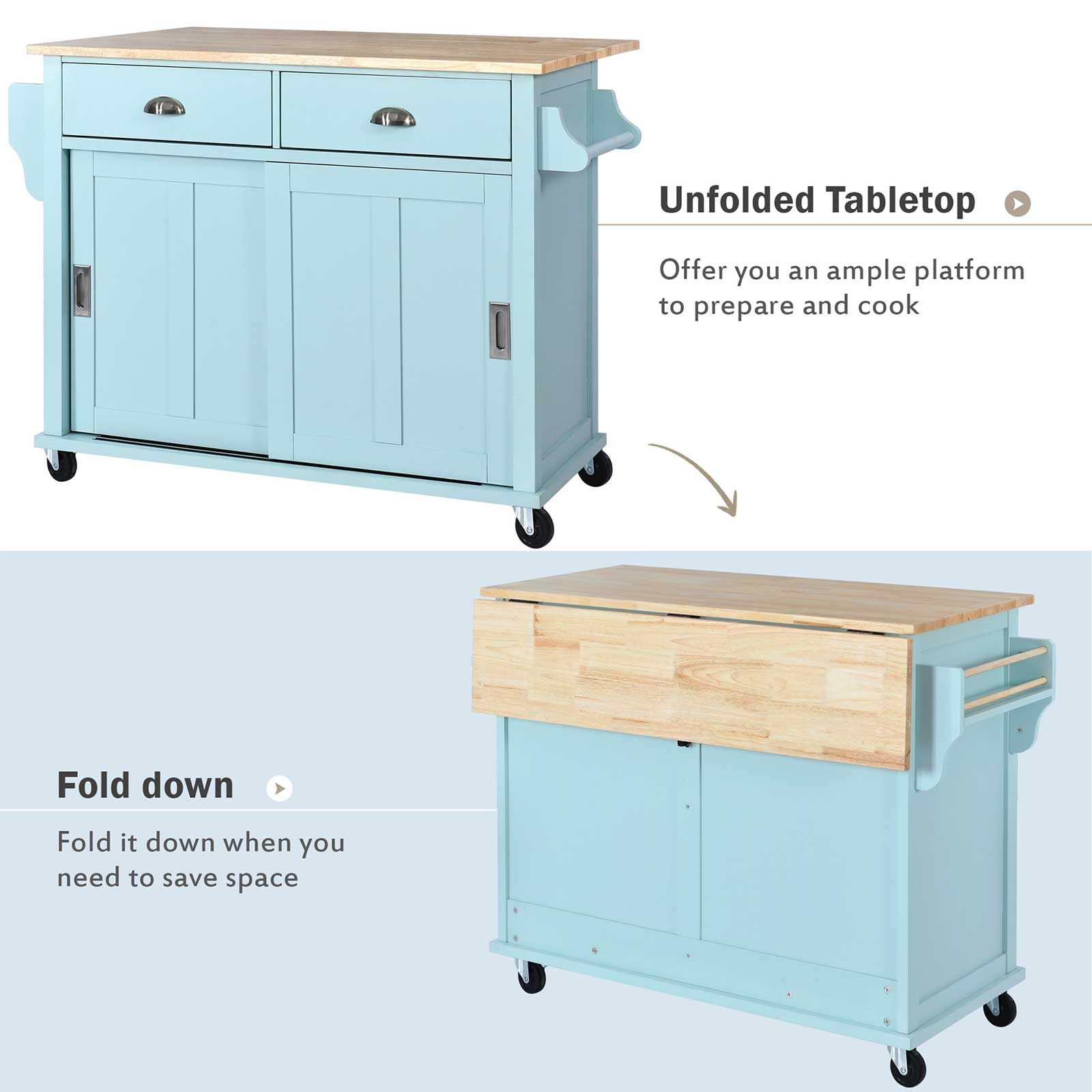 Appot Kitchen Cart with Rubber Wood Drop-Leaf Countertop, Concealed Sliding barn Door Adjustable Height,Kitchen Island on 4 Wheels with Storage Cabinet and 2 Drawers