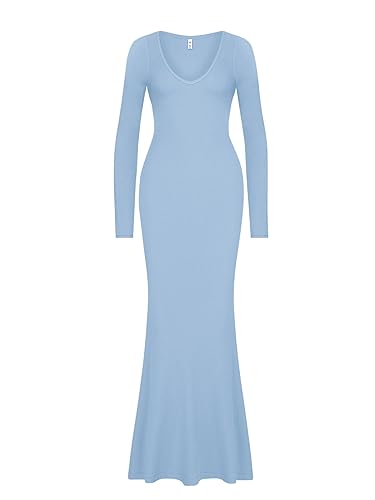 REORIA Women's Sexy Soft Lounge Ribbed Long Dress Fall Elegant Formal Wedding Guest Long Sleeve Deep V Neck Bodycon Maxi Dresses Blue Medium