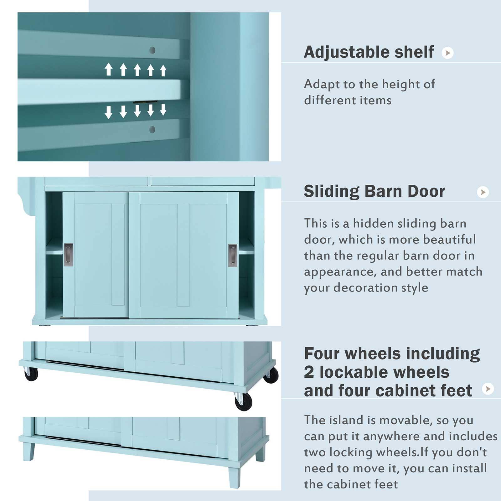 Appot Kitchen Cart with Rubber Wood Drop-Leaf Countertop, Concealed Sliding barn Door Adjustable Height,Kitchen Island on 4 Wheels with Storage Cabinet and 2 Drawers