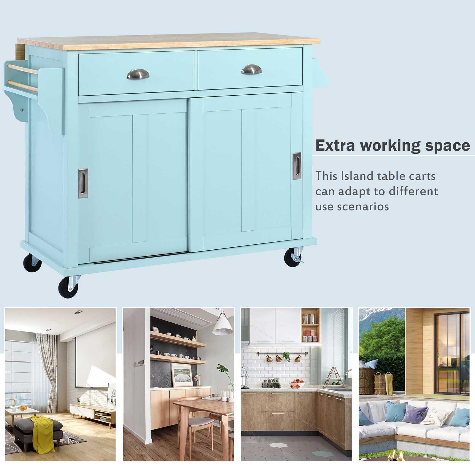 Appot Kitchen Cart with Rubber Wood Drop-Leaf Countertop, Concealed Sliding barn Door Adjustable Height,Kitchen Island on 4 Wheels with Storage Cabinet and 2 Drawers