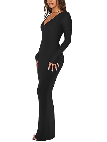 REORIA Women's Sexy Soft Lounge Ribbed Long Dress Fall Elegant Formal Wedding Guest Long Sleeve Deep V Neck Bodycon Maxi Dresses Black Small