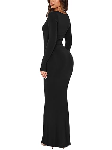 REORIA Women's Sexy Soft Lounge Ribbed Long Dress Fall Elegant Formal Wedding Guest Long Sleeve Deep V Neck Bodycon Maxi Dresses Black Small