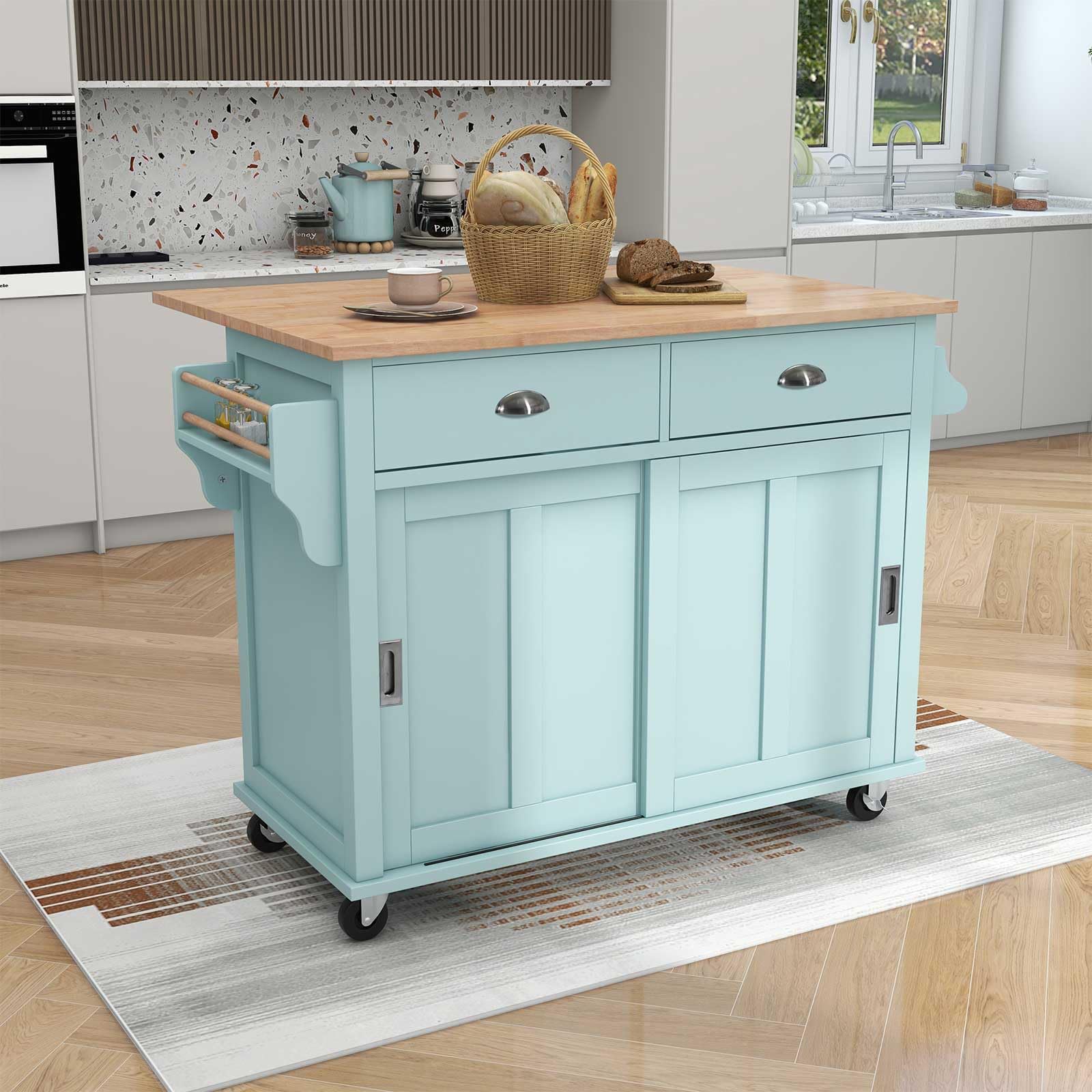 Appot Kitchen Cart with Rubber Wood Drop-Leaf Countertop, Concealed Sliding barn Door Adjustable Height,Kitchen Island on 4 Wheels with Storage Cabinet and 2 Drawers