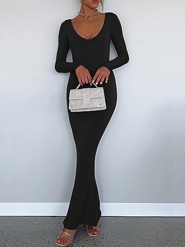REORIA Women's Sexy Soft Lounge Ribbed Long Dress Fall Elegant Formal Wedding Guest Long Sleeve Deep V Neck Bodycon Maxi Dresses Black Small