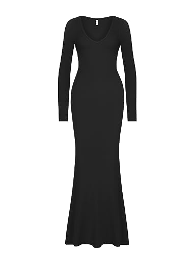 REORIA Women's Sexy Soft Lounge Ribbed Long Dress Fall Elegant Formal Wedding Guest Long Sleeve Deep V Neck Bodycon Maxi Dresses Black Small