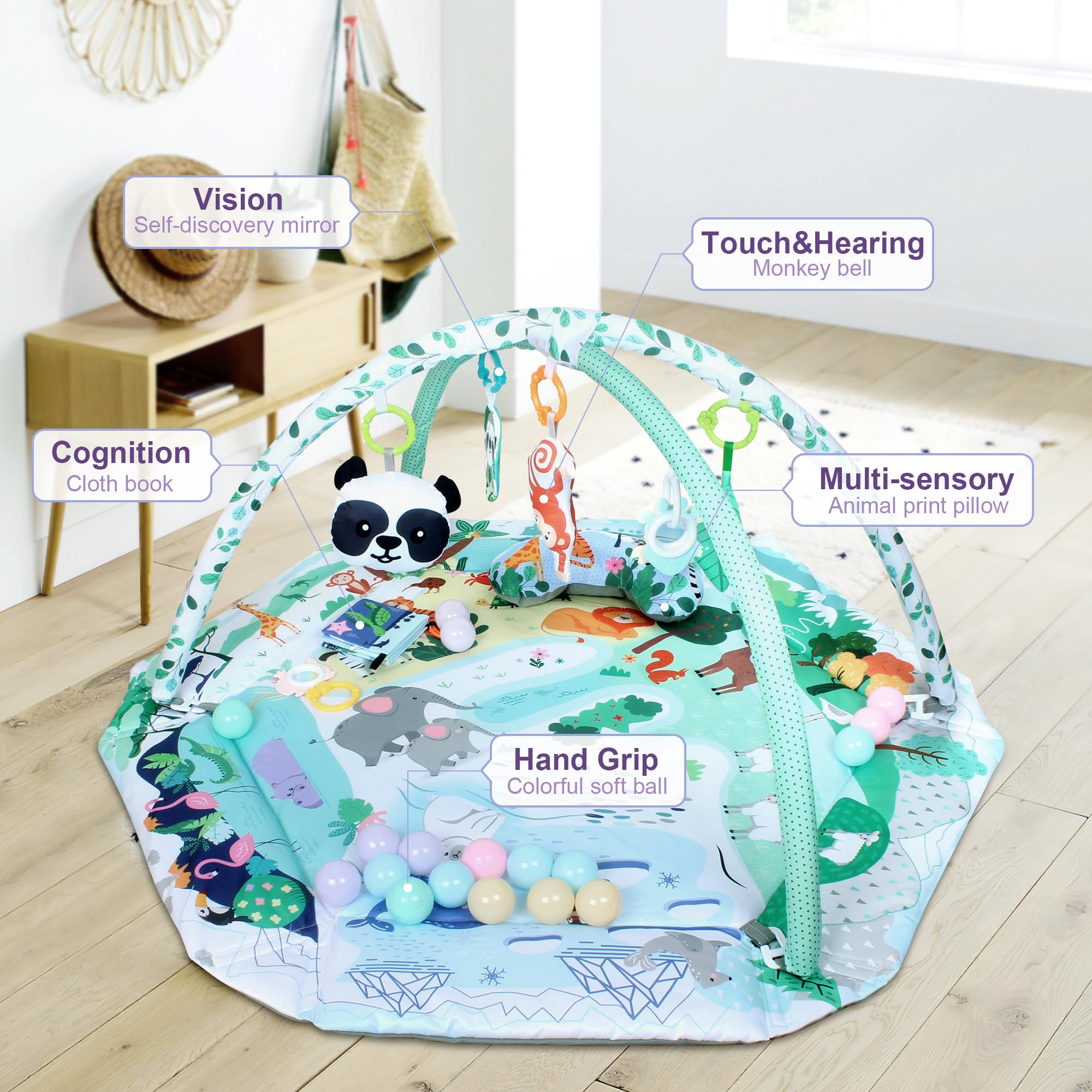 Aonerex Baby Play Gym Mat 5-in-1 Activity Mat Tummy Time Playmat, 8 Detachable Toys Sensory and Motor Skill Development Washable Play Mats for Floor, Newborn Baby Essentials