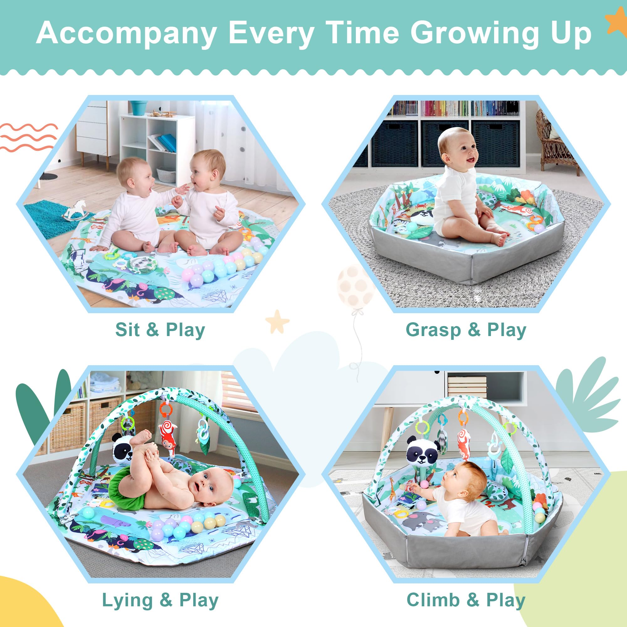 Aonerex Baby Play Gym Mat 5-in-1 Activity Mat Tummy Time Playmat, 8 Detachable Toys Sensory and Motor Skill Development Washable Play Mats for Floor, Newborn Baby Essentials