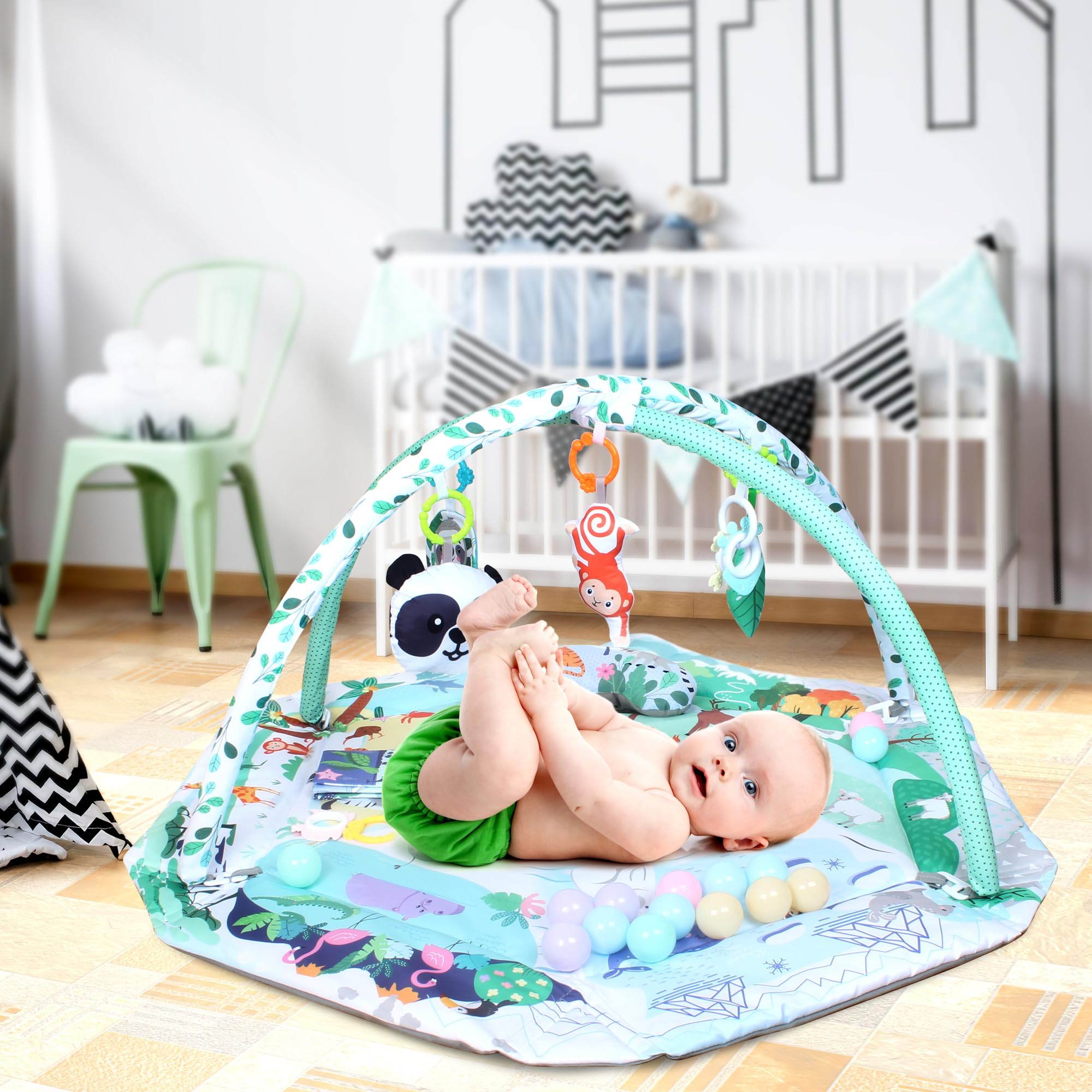 Aonerex Baby Play Gym Mat 5-in-1 Activity Mat Tummy Time Playmat, 8 Detachable Toys Sensory and Motor Skill Development Washable Play Mats for Floor, Newborn Baby Essentials