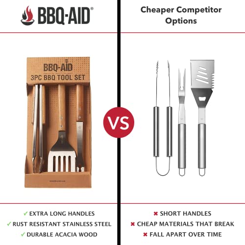 BBQ-AID 3 Piece Grill Set BBQ Accessories - Kitchen Tongs, Metal Spatula & Fork Utensils - Heavy Duty Stainless Steel Barbecue Grill Utensils for Outdoor Grill with Solid Sturdy Wood Handles