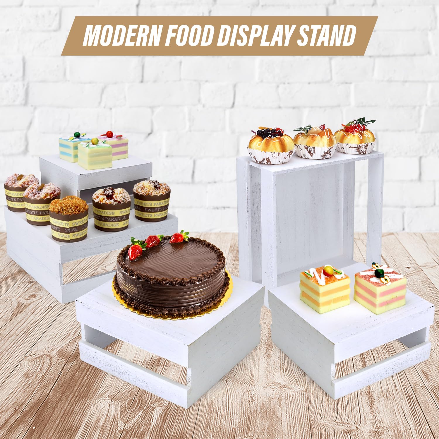 Set of 4 Rustic White Wooden Display Risers: Stackable Rustic Cake Stands, Whitewashed Decorative Cupcake & Appetizer Boxes for Wedding, Birthday, Parties - Versatile Dessert and Food Showcase