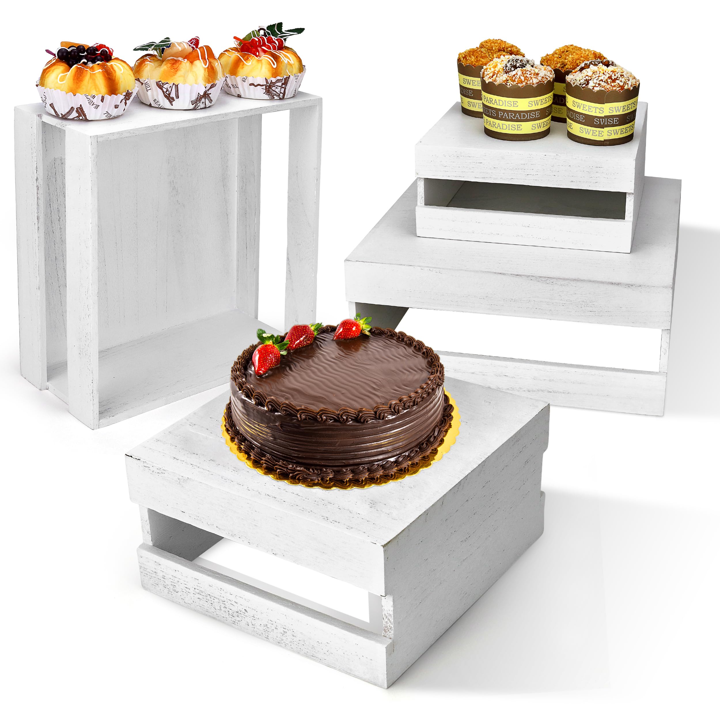 Set of 4 Rustic White Wooden Display Risers: Stackable Rustic Cake Stands, Whitewashed Decorative Cupcake & Appetizer Boxes for Wedding, Birthday, Parties - Versatile Dessert and Food Showcase
