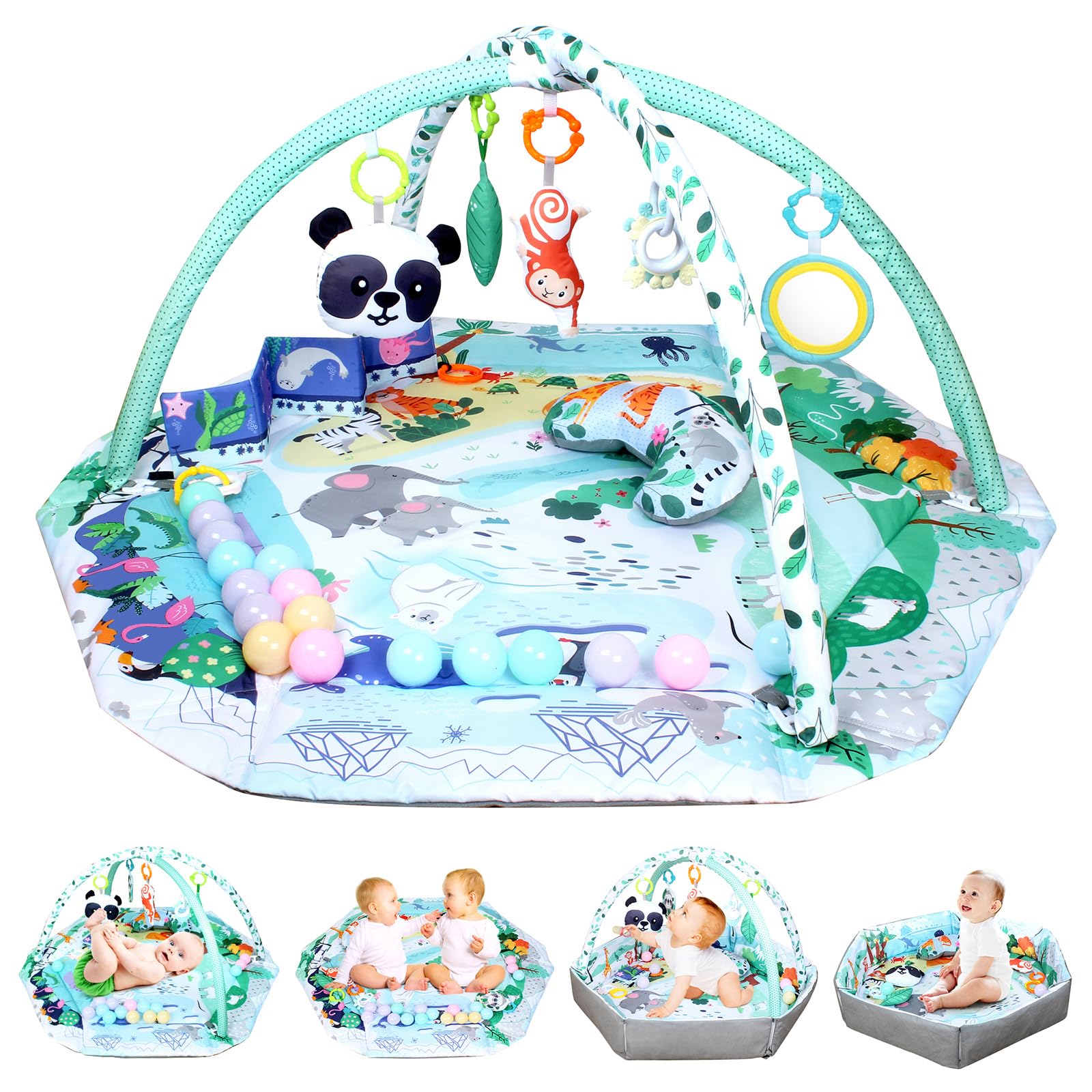 Aonerex Baby Play Gym Mat 5-in-1 Activity Mat Tummy Time Playmat, 8 Detachable Toys Sensory and Motor Skill Development Washable Play Mats for Floor, Newborn Baby Essentials