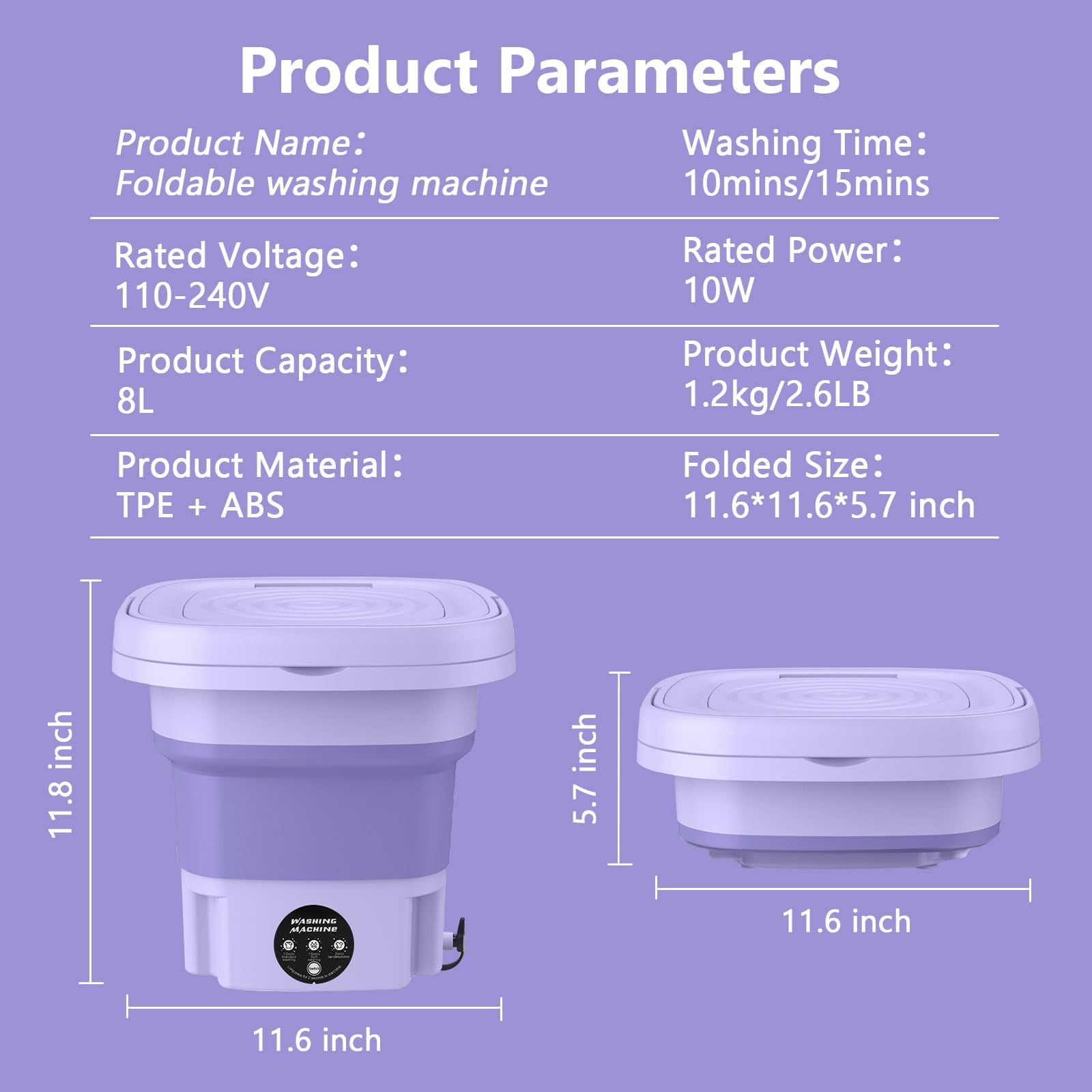 8L Portable Washing Machine, Foldable Mini Small Washing Machine for Socks, Underwear or Small Items for Apartment, Dorm, Camping, RV Travel laundry Purple