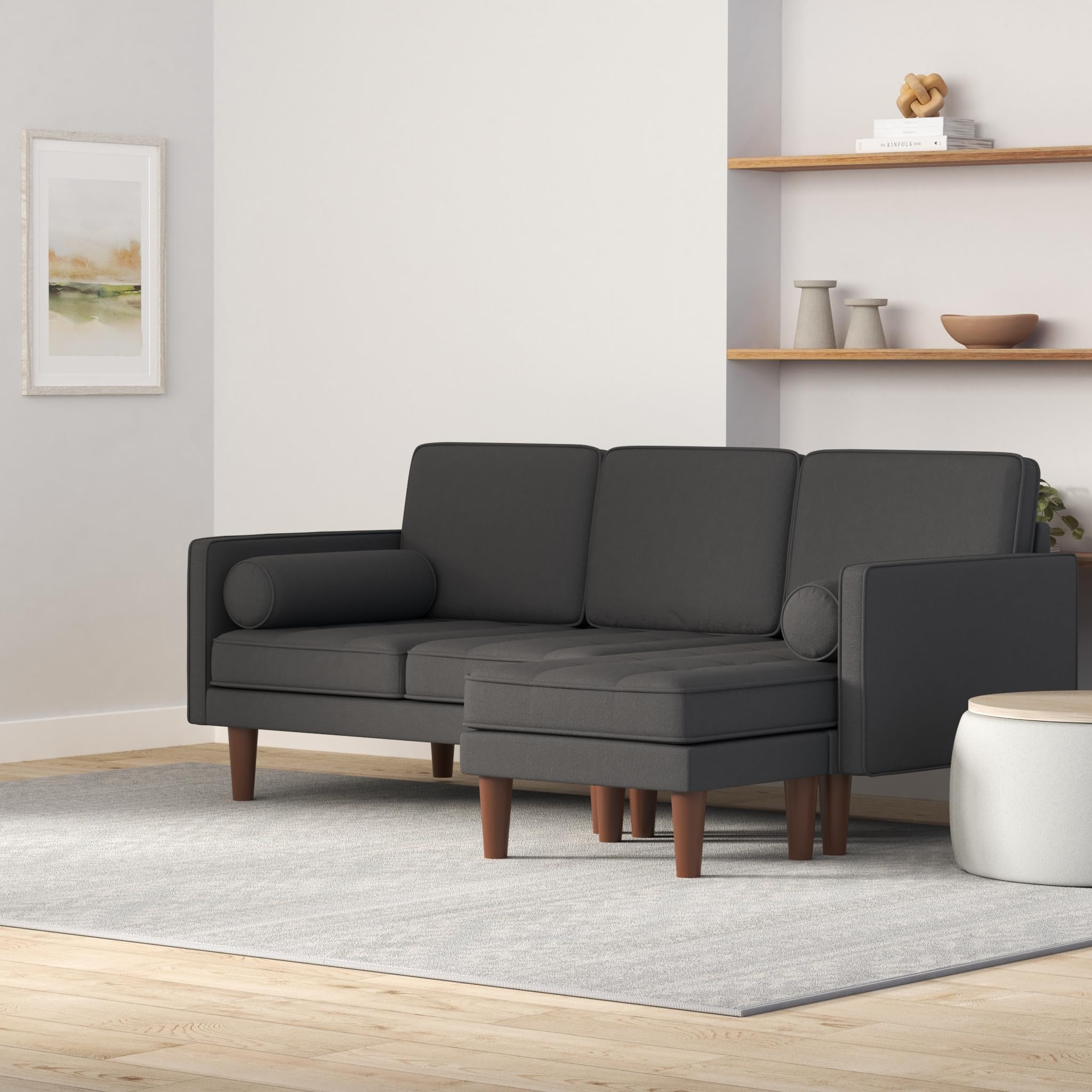 Vonanda Sectional Couch Convertible Sectional Sofa Fabric Couches for Living Room, L Shaped Couch with Reversible Chaise and Bolster Pillows for Apartment and Small Space, Dark Grey
