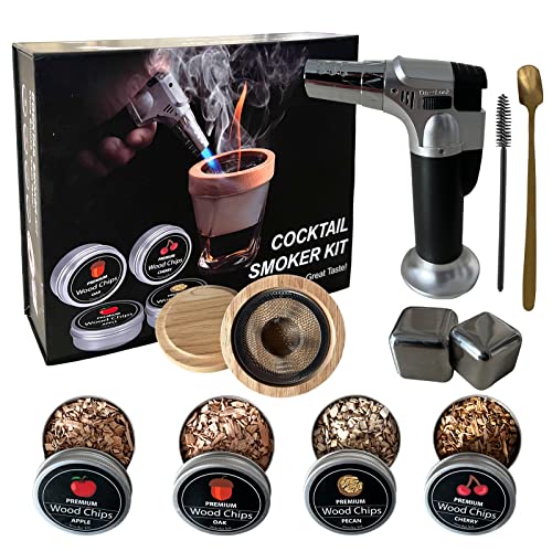 Cocktail Smoker Kit with Torch,4 Flavors of Wood Smoker Chips and Bourbon,with for Whiskey and Old Fashioned Drinks Smoker Infuser kit,Fine Whiskey Gift for Men,Dad,Husband,Anniversary(No Butane)
