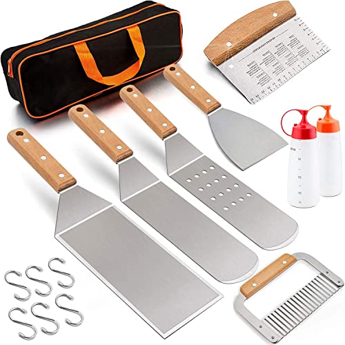 Leonyo Flat Top Grill Accessories, 9 Pcs Griddle Spatulas Heavy Duty Griddle Accessories with Metal Spatula, Hamburger Turner, Grill Scraper for Outdoor Kitchen BBQ Hibachi Camping