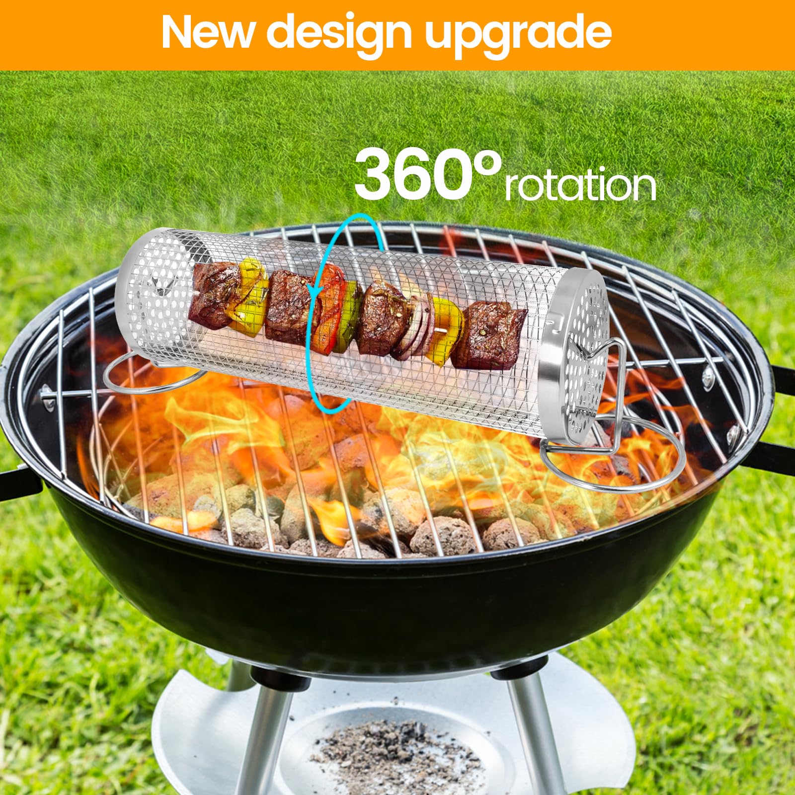 [2 PCS]BBQ Grill Basket - Rolling Grilling Baskets for Outdoor Grilling,Grill Baskets for Outdoor Grill Vegetables,Round Grill Basket,Barbecue Grill Vegetable Basket for Veggies,Fish,Jalapeno,Cylinder