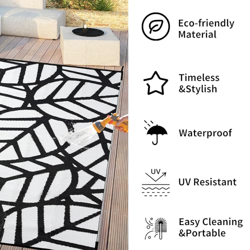 GARTOL 9x12 Outdoor Rug Waterproof, Reversible Plastic Straw Rug for RV, Patio, Backyard, Pool Deck, Picnic, Beach, Camping, Outdoor Carpet Mat (Black & White)