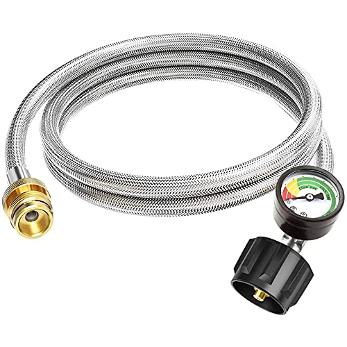 MOFLAME 1 lb to 20 lb Propane Adapter Hose With Gauge,6 FT Stainless Braided Propane Hose Adapter Converter for Coleman Camp Stove, Buddy Heater, Tabletop Grill & More 1lb Portable Appliance