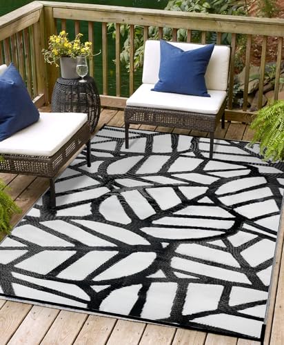 GARTOL 9x12 Outdoor Rug Waterproof, Reversible Plastic Straw Rug for RV, Patio, Backyard, Pool Deck, Picnic, Beach, Camping, Outdoor Carpet Mat (Black & White)
