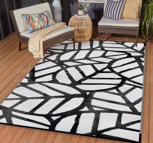 GARTOL 9x12 Outdoor Rug Waterproof, Reversible Plastic Straw Rug for RV, Patio, Backyard, Pool Deck, Picnic, Beach, Camping, Outdoor Carpet Mat (Black & White)