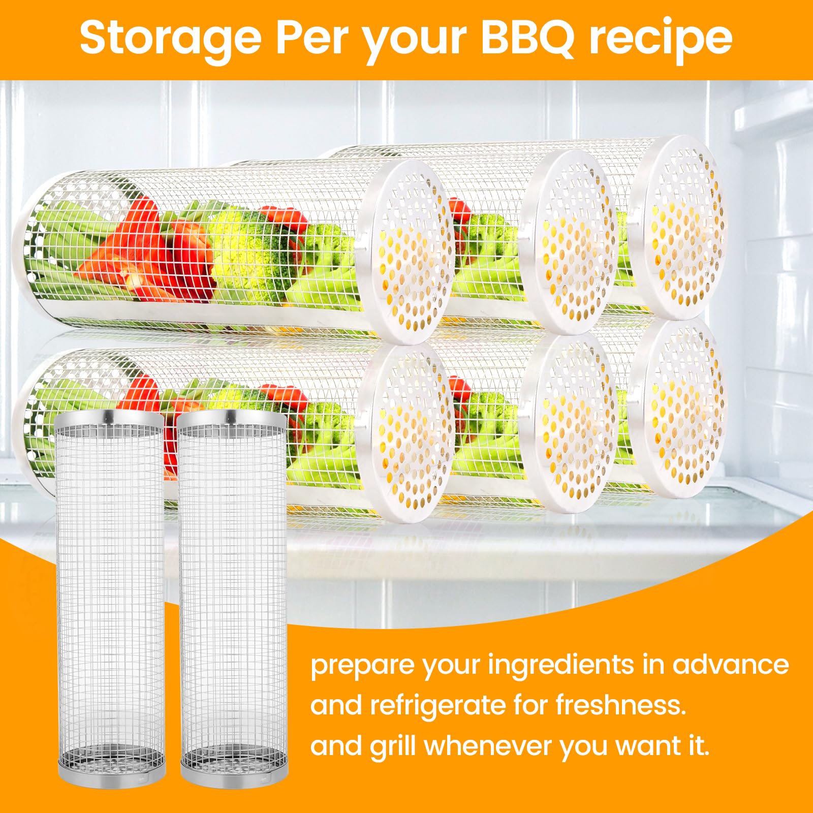 [2 PCS]BBQ Grill Basket - Rolling Grilling Baskets for Outdoor Grilling,Grill Baskets for Outdoor Grill Vegetables,Round Grill Basket,Barbecue Grill Vegetable Basket for Veggies,Fish,Jalapeno,Cylinder