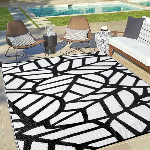 GARTOL 9x12 Outdoor Rug Waterproof, Reversible Plastic Straw Rug for RV, Patio, Backyard, Pool Deck, Picnic, Beach, Camping, Outdoor Carpet Mat (Black & White)