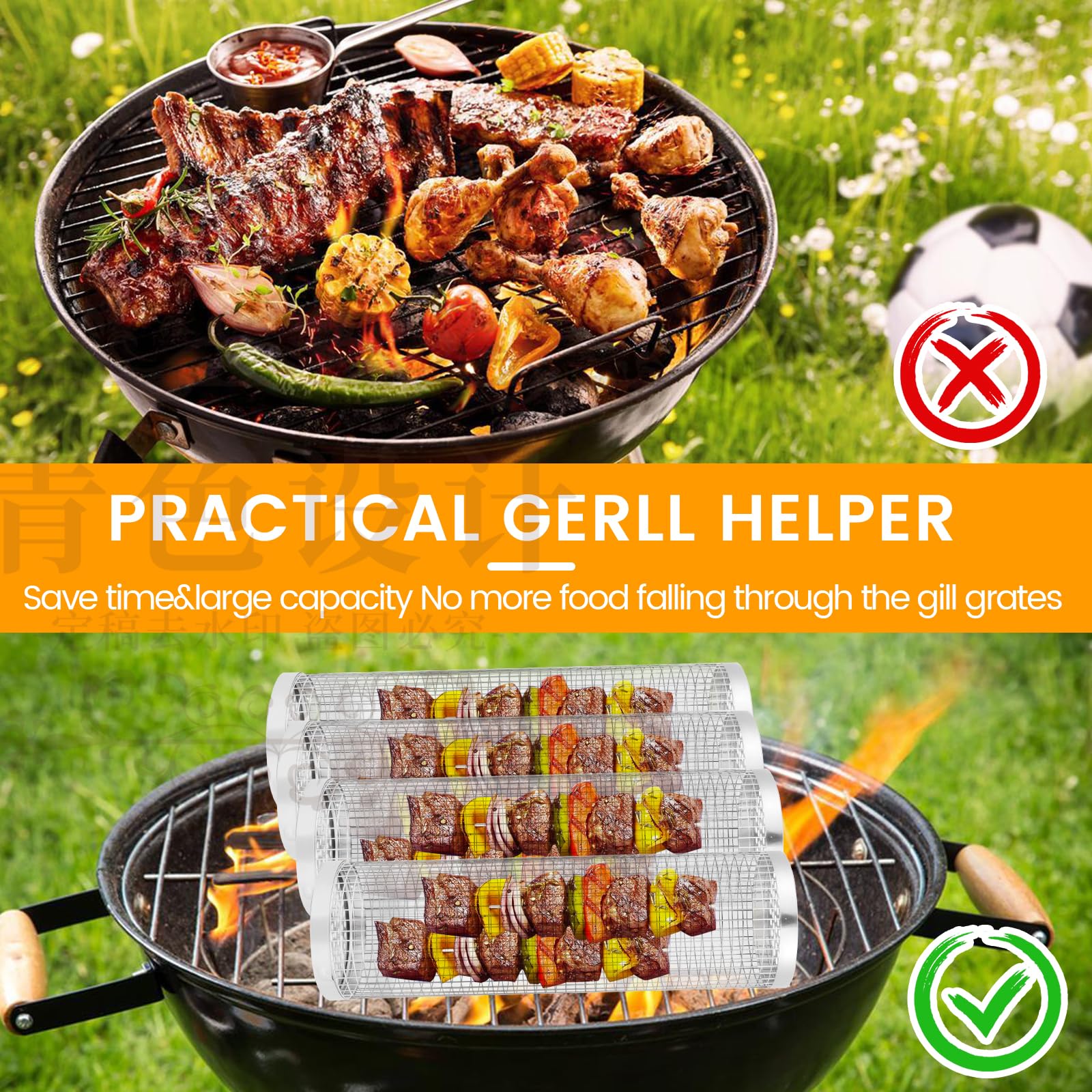 [2 PCS]BBQ Grill Basket - Rolling Grilling Baskets for Outdoor Grilling,Grill Baskets for Outdoor Grill Vegetables,Round Grill Basket,Barbecue Grill Vegetable Basket for Veggies,Fish,Jalapeno,Cylinder