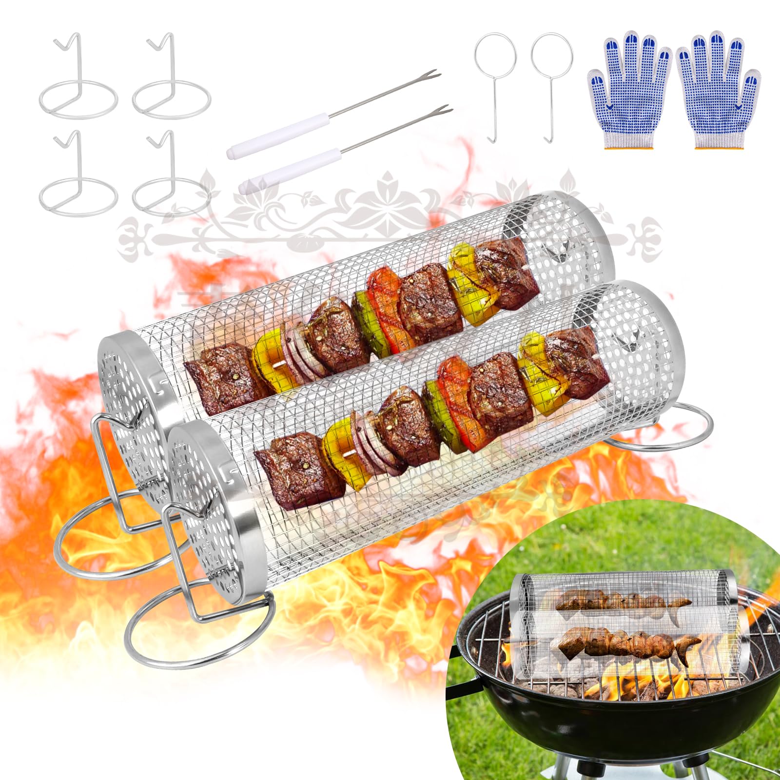 [2 PCS]BBQ Grill Basket - Rolling Grilling Baskets for Outdoor Grilling,Grill Baskets for Outdoor Grill Vegetables,Round Grill Basket,Barbecue Grill Vegetable Basket for Veggies,Fish,Jalapeno,Cylinder