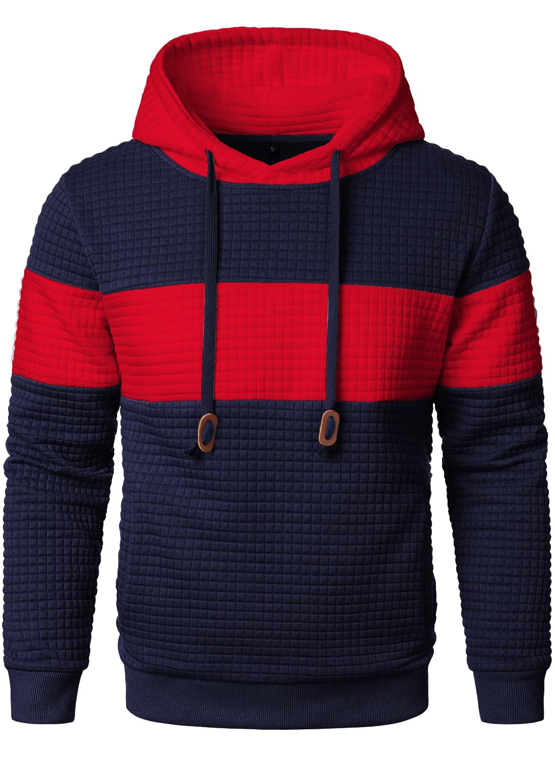 Qichic Mens Casual Pullover Hoodies Long Sleeve Hooded Sweatshirts Navy Red XL