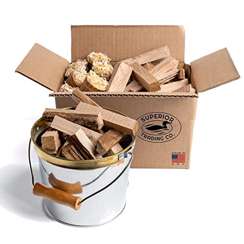 Superior Trading Co. Oak Mini Fire Stick w/Fire Starter Pods for BBQ Grill, Pizza Oven, Wood Stove — USDA Certified Kiln Dried Wood 4-5" Pieces in Galvanized Bucket, BBQ Accessories, 6-7 Lbs