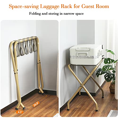 ELYKEN 2 Pack Folding Luggage Rack for Guest Room, Easily Assemble Metal Suitcase Stand, Foldable Space Saving Hotel Storage Rack,Heavy Duty Max 110LBS Loading Bearing Luggage Holder, Gold